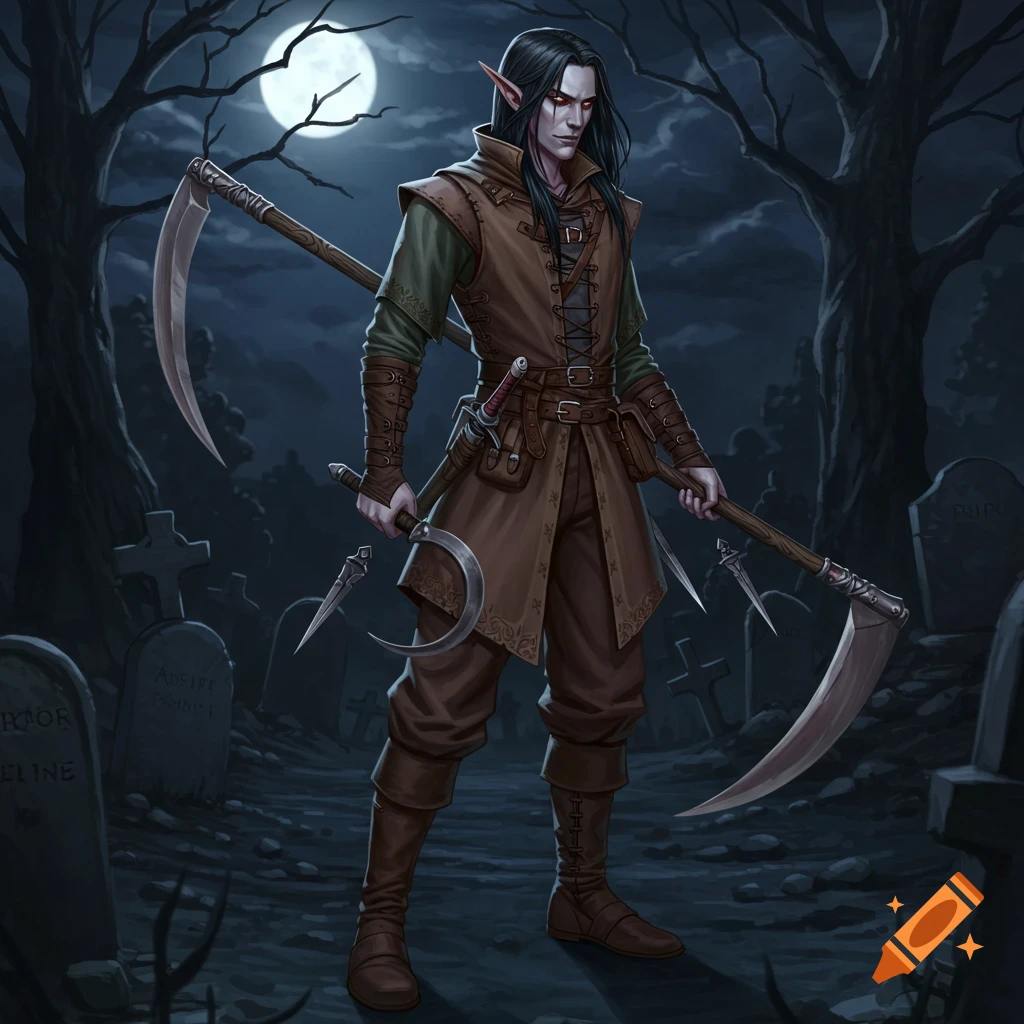 Elven dhampir Sorcerer with sickle and throwing knives in graveyard at ...