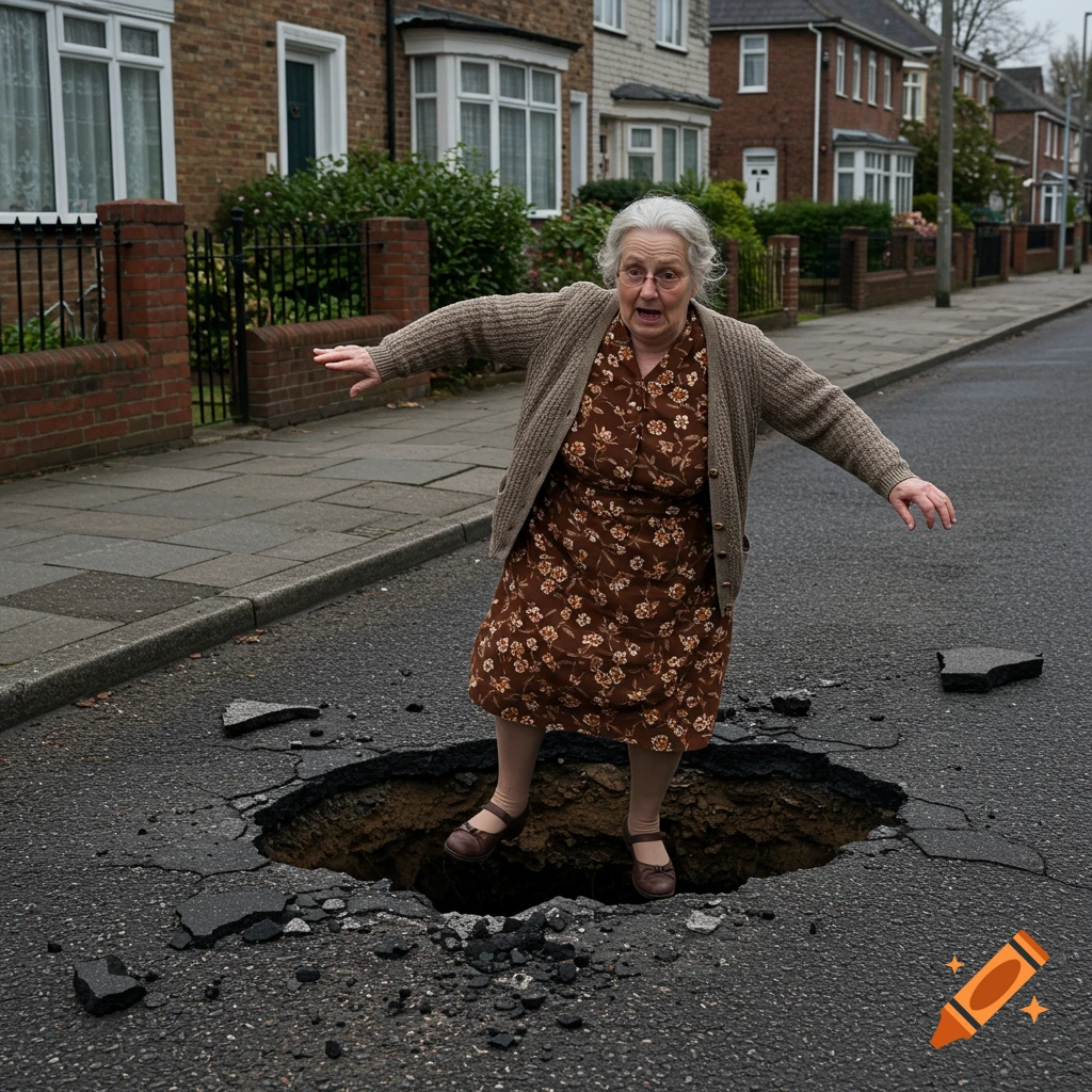 Cartoon of an old lady falling into a hole in the pavement on Craiyon