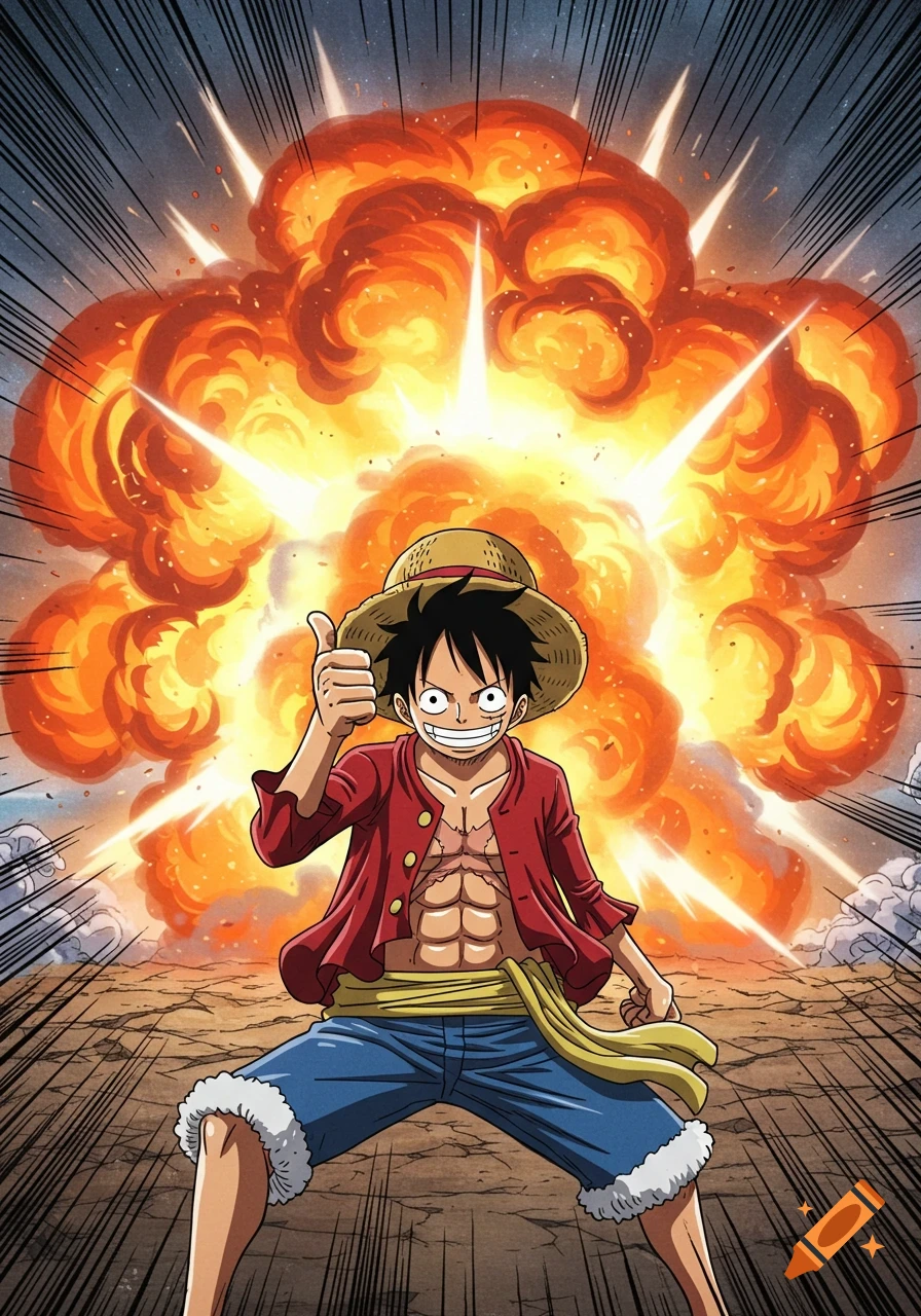 Luffy and a large, furry creature stand in a lush landscape with a ship ...