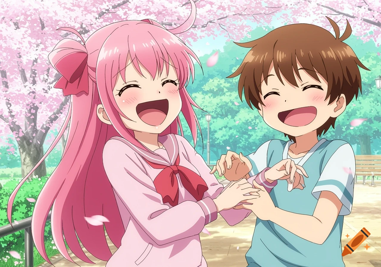 Two anime children laugh and play under cherry blossom trees in a park ...