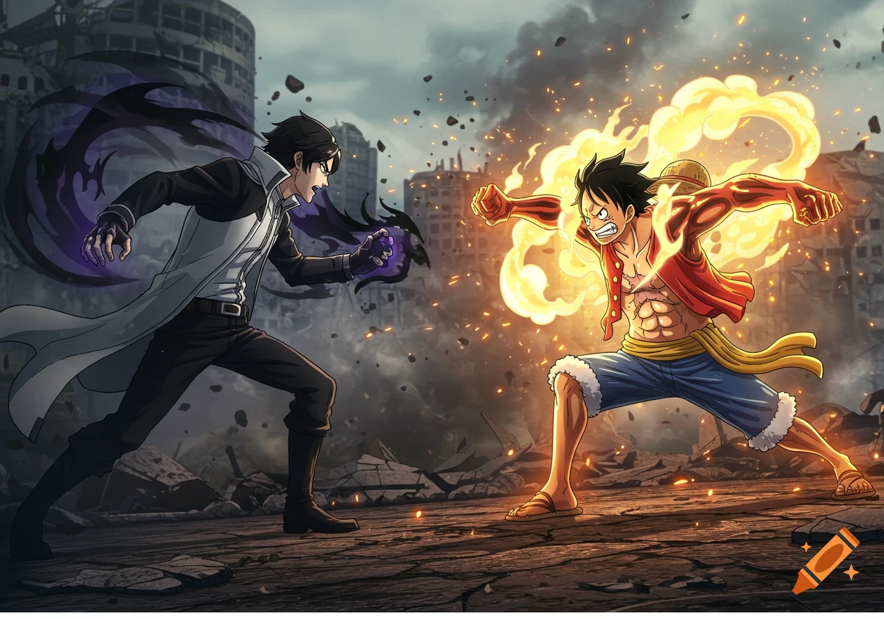 Jinwoo Sung from Solo Leveling fighting Luffy in Gear 5 from One Piece ...