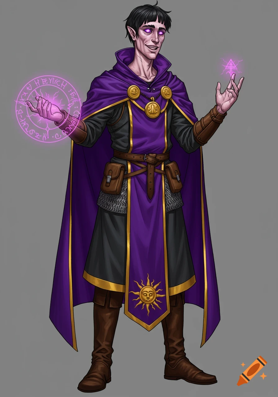 Illustrative portrait of a smiling elf character in purple and gold ...