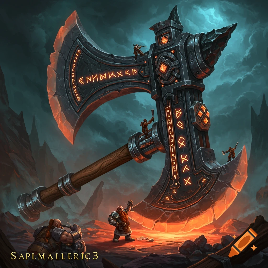 Fantasy battleaxe with dwarves on Craiyon