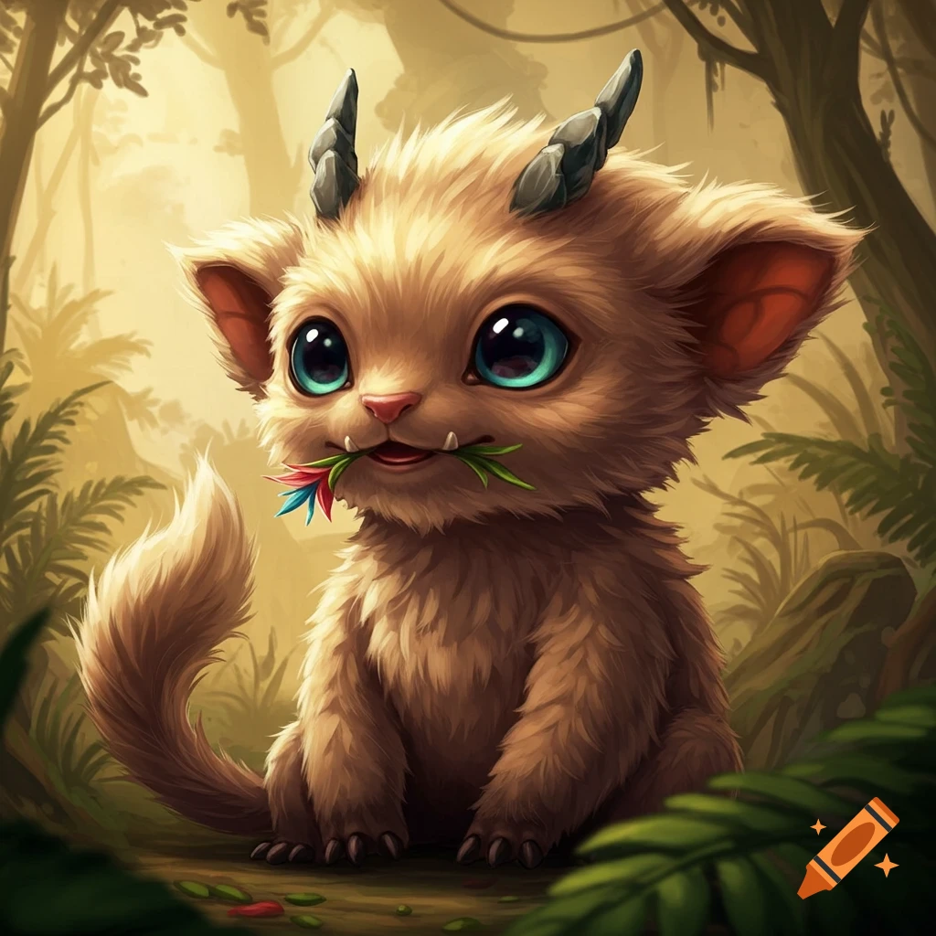 A cute, furry, brown creature with big eyes and a wide smile stands in a magical forest with ...