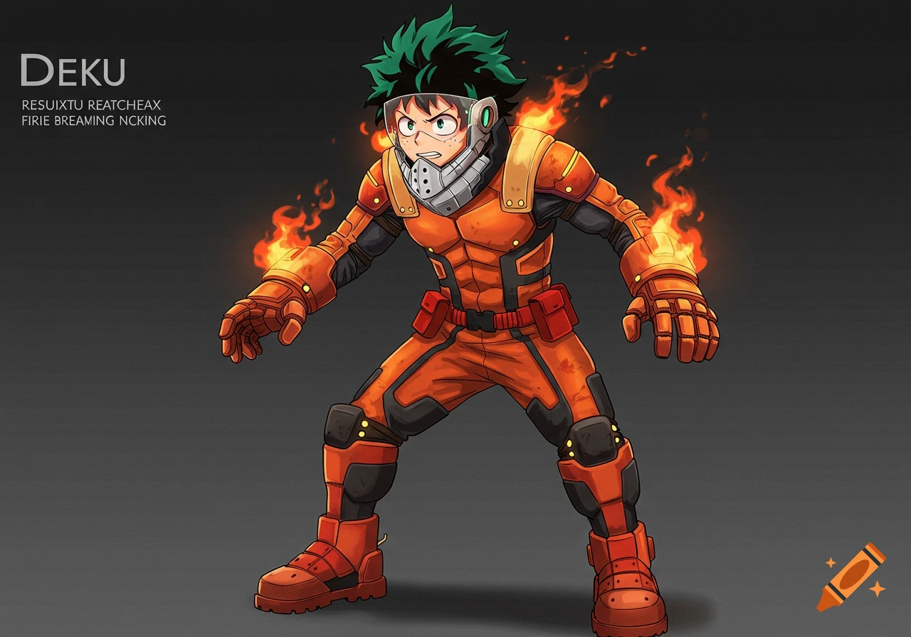 Anime illustration of My Hero Academia character Deku in an orange fire ...