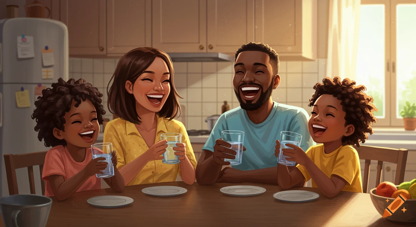 Black family drinking water together on Craiyon