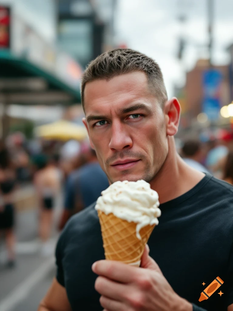 Photorealistic portrait of a muscular man holding an ice cream cone ...