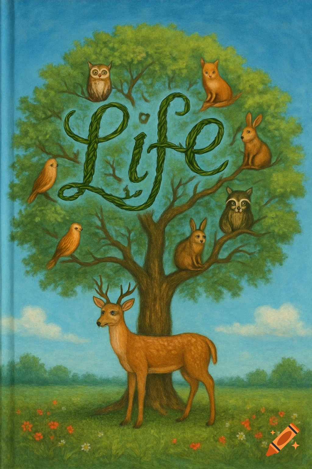 Tree of life on a book cover with animals and the word Life written in ...