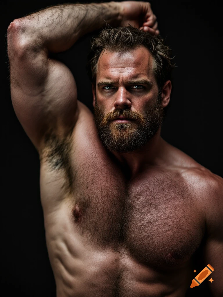 Portrait of a man with beard and chest hair in an open blazer, studio ...