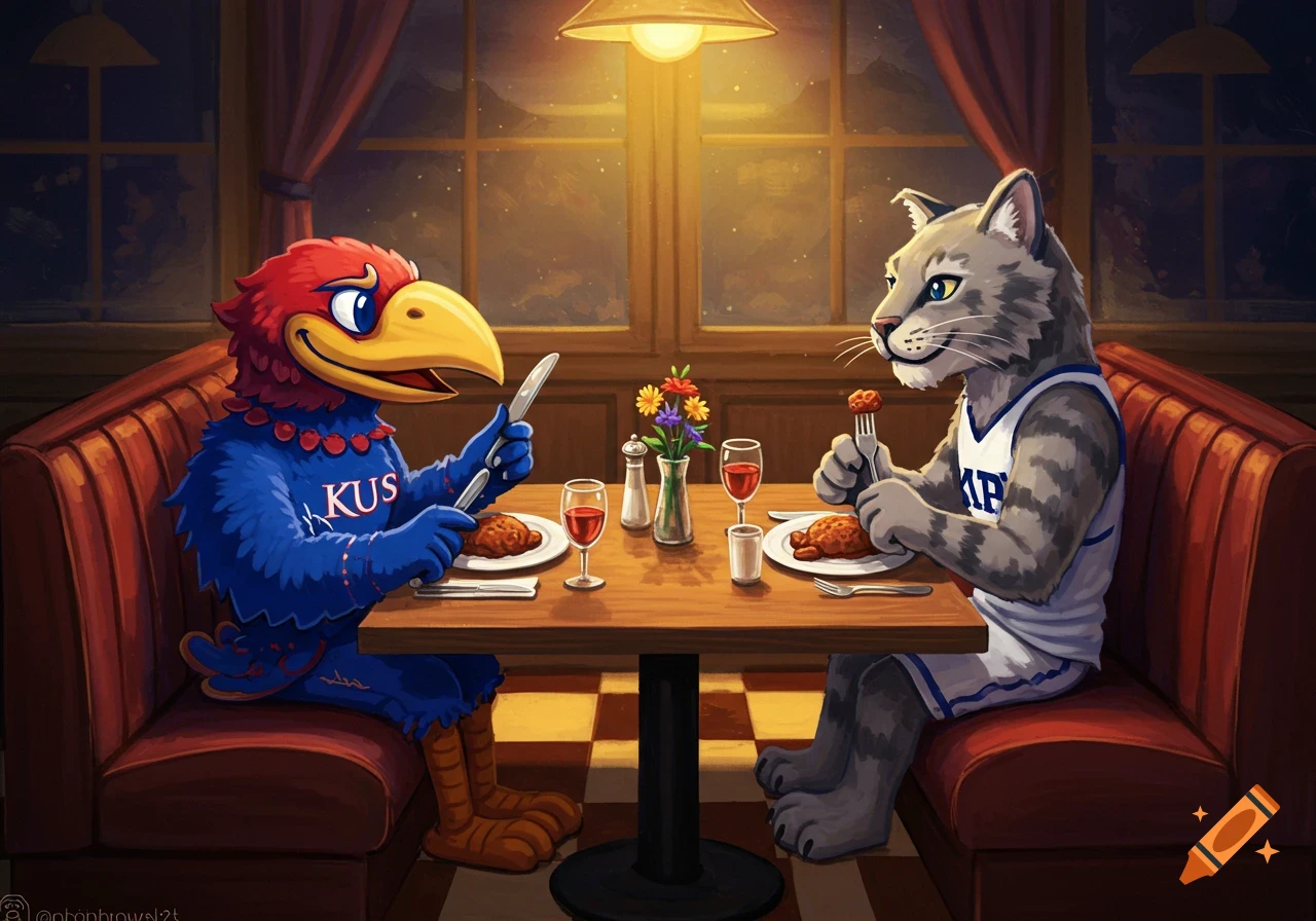 Kansas Jayhawk and Kansas State Wildcat dining at a restaurant on Craiyon