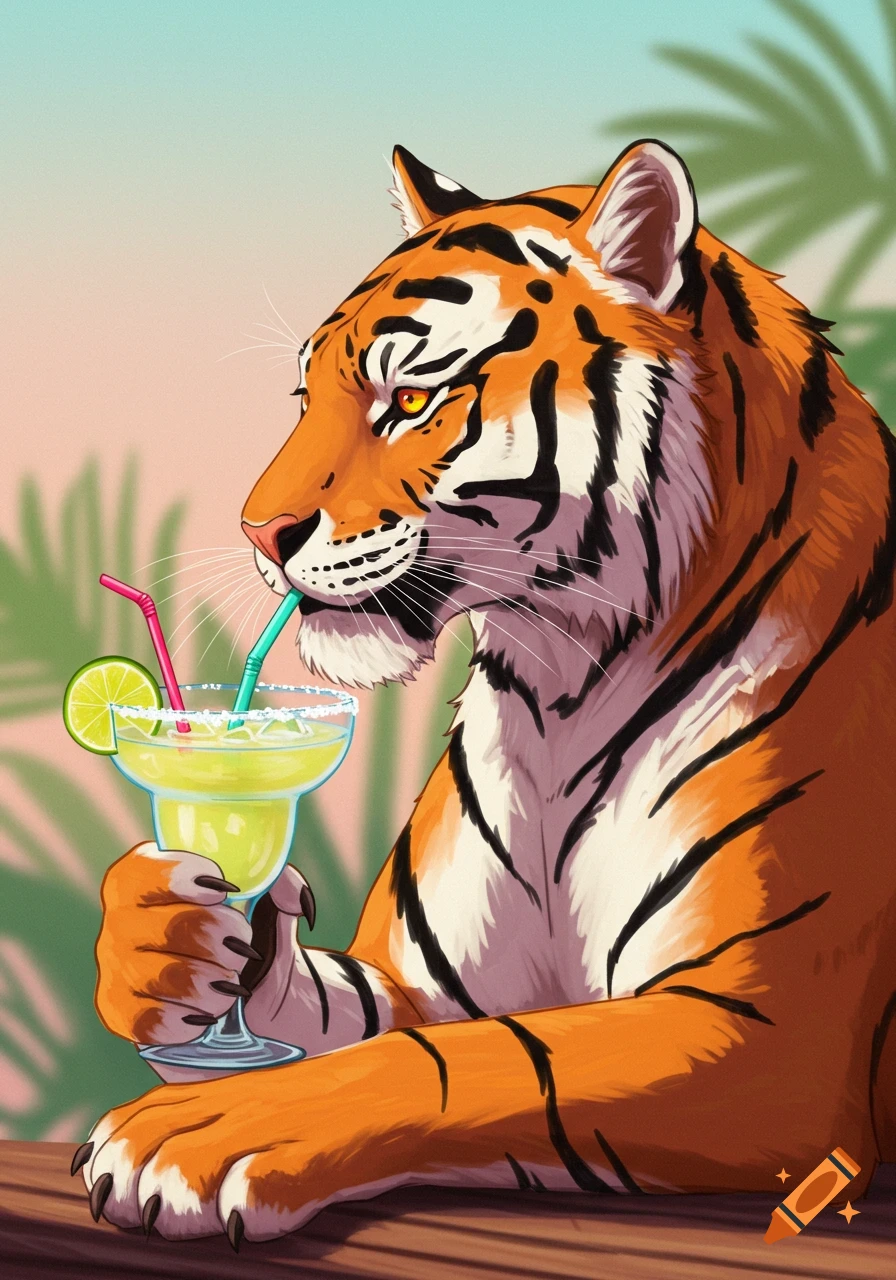 A tiger drinking a margarita with a lime wedge and straw. on Craiyon