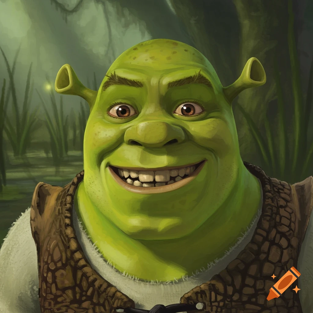 Shrek the ogre kisses Donkey in a fairytale swamp illustration. on Craiyon