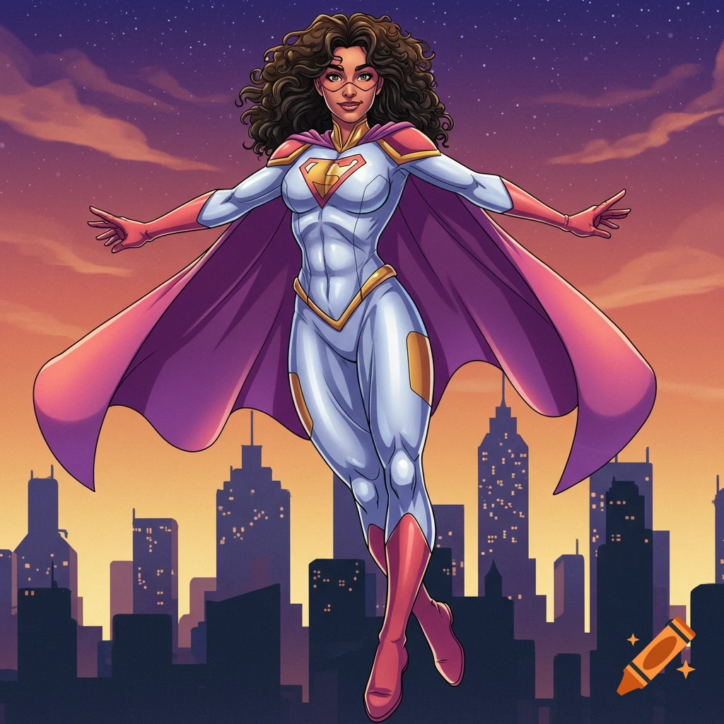 A Black woman superhero in a star-spangled suit holds a rainbow flag ...