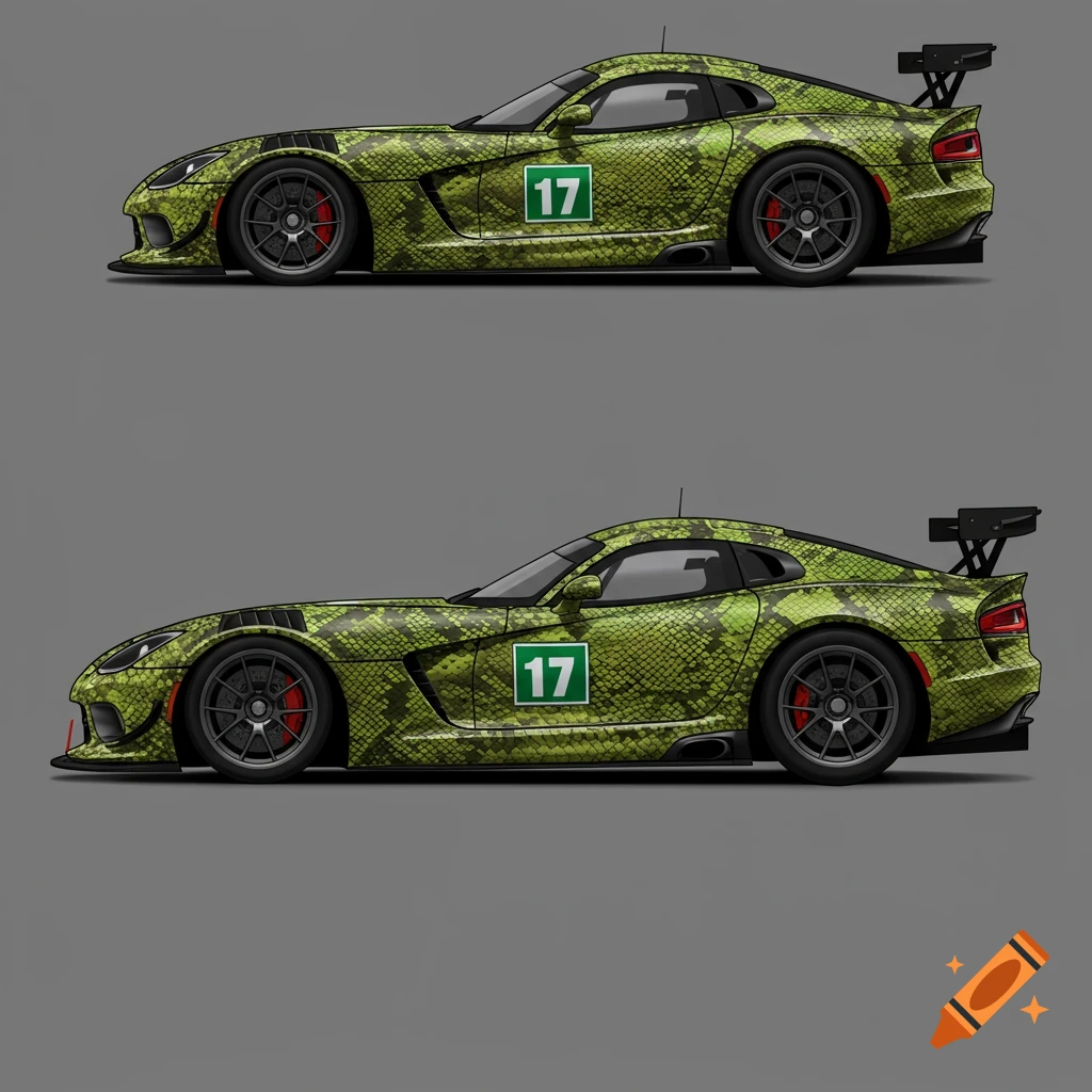 Two Dodge Viper race cars with snake skin livery on Craiyon