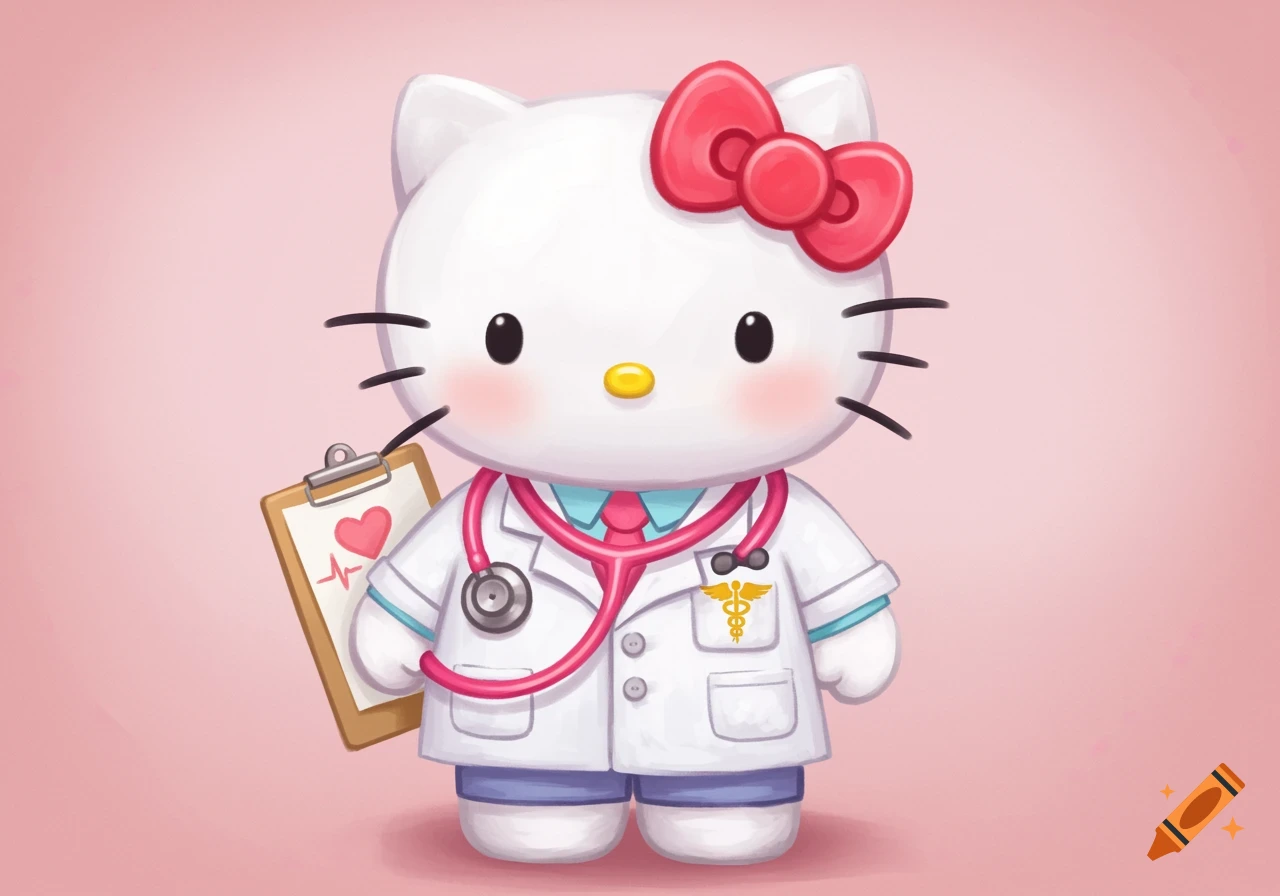 Hello Kitty dressed as a doctor, holding a clipboard with a heart ...