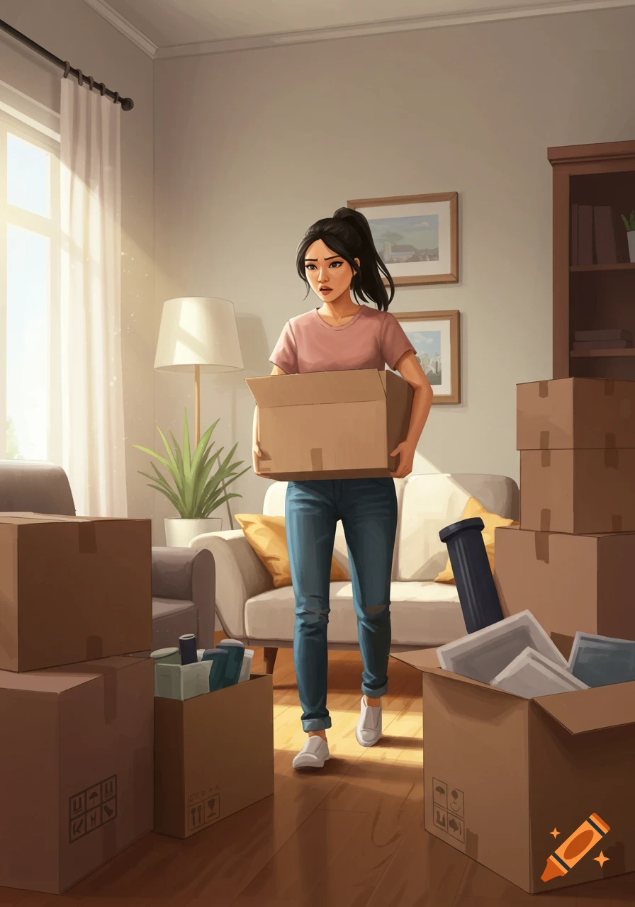 A woman is carrying a moving box in a room full of boxes. on Craiyon