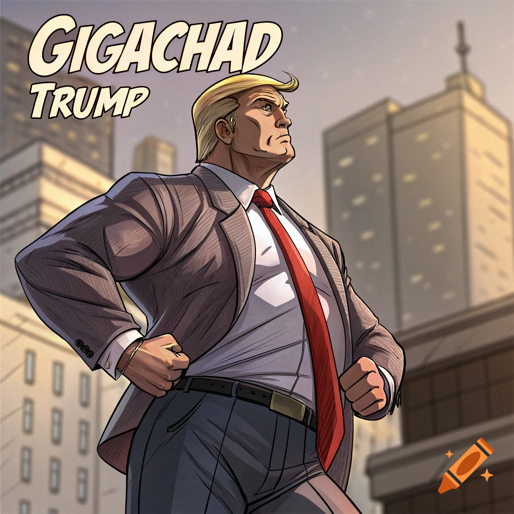 Comic art of muscular Donald Trump with 'GIGACHAD TRUMP' text above ...