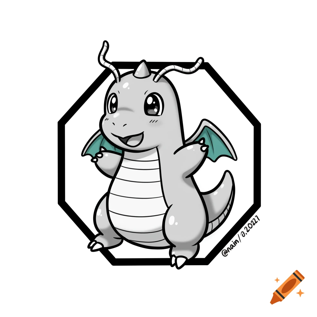 Cute chibi dragonite in black and white hexagon on Craiyon