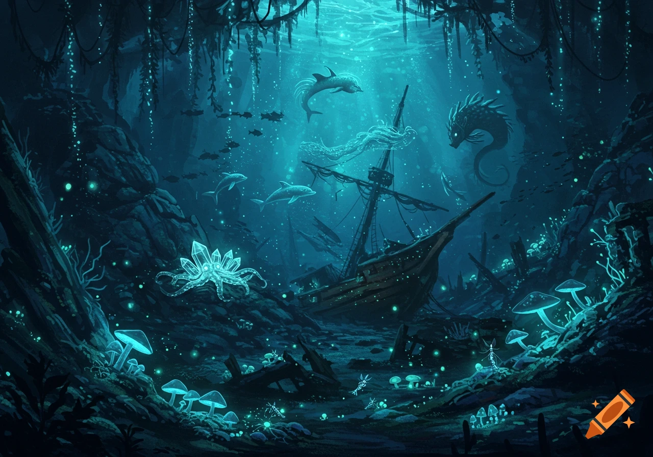 A deep underwater scene with a shipwreck, dolphins, sea dragon, crystal ...