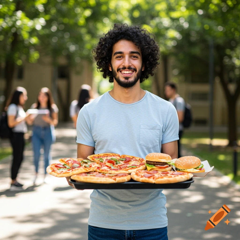 Happy Iranian university student holding pizza and burgers on Craiyon