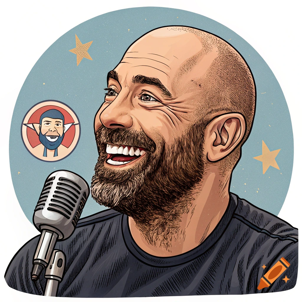Cartoony portrait of a bald, bearded man speaking into a podcast ...