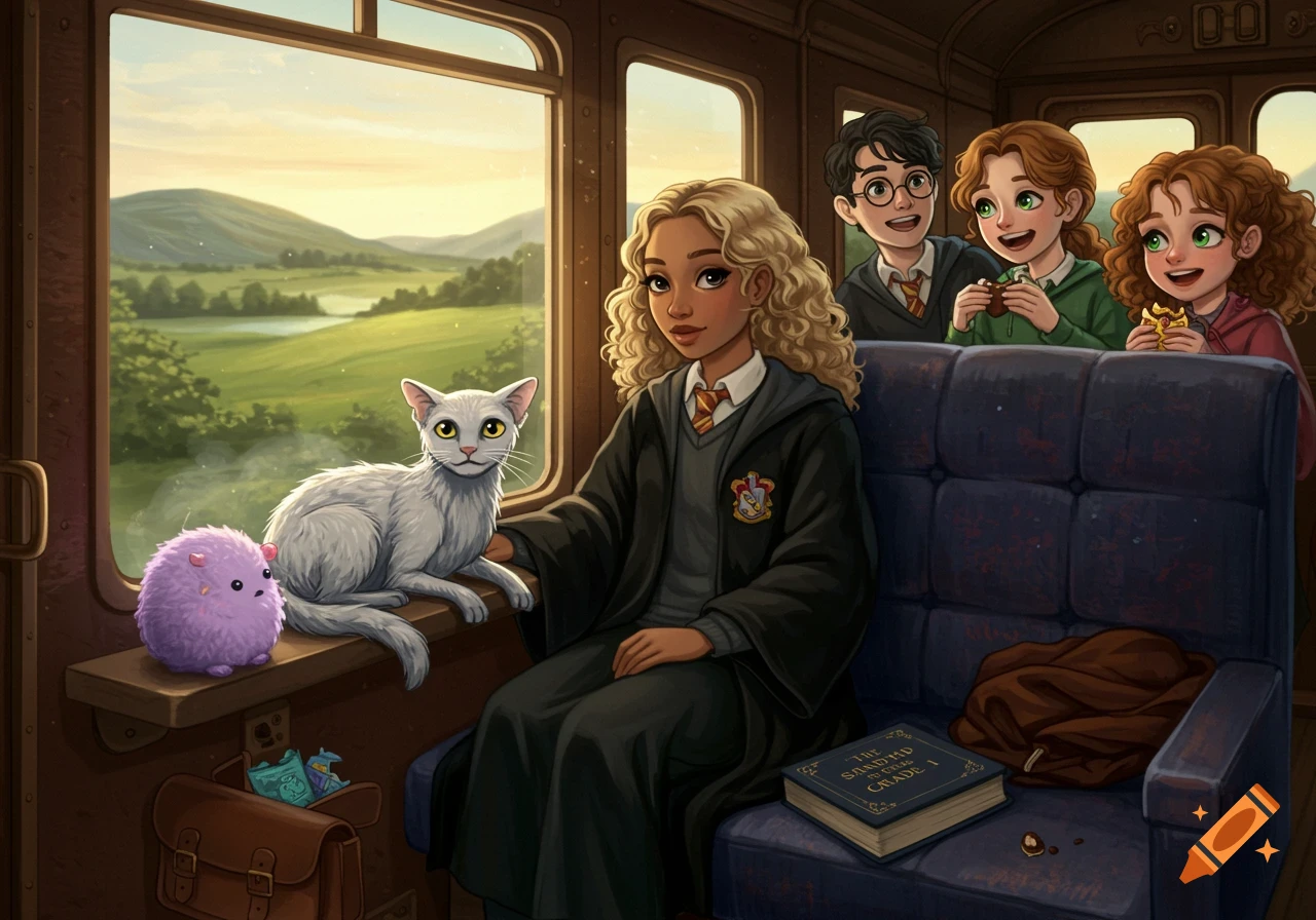 Illustrative image of a young girl with a cat and fuzzy creature on a ...