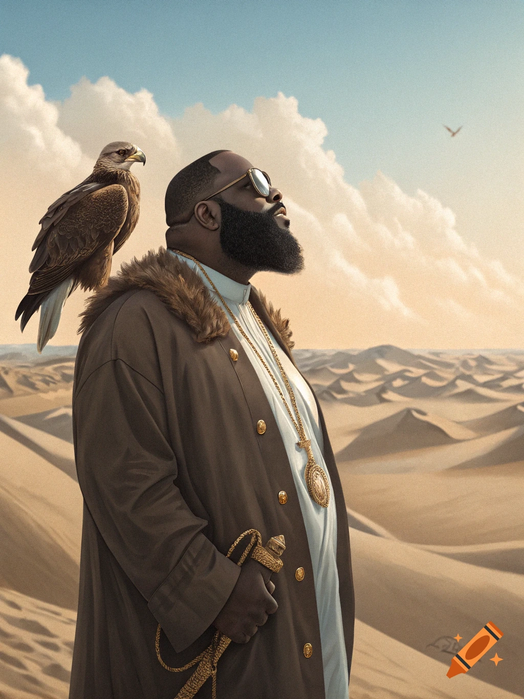 Rick Ross with an eagle, face swapped on Craiyon