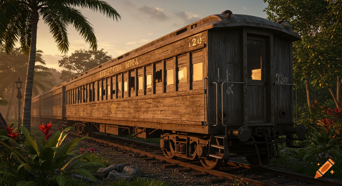 Old Costa Rican passenger train car, 1920s, tropical setting on Craiyon
