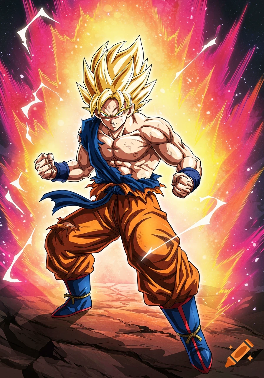 Anime character Vegeta powering up with a yellow aura in a destroyed ...