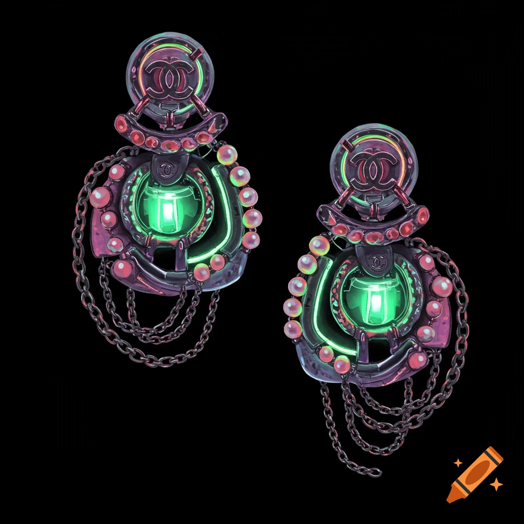 Two futuristic earrings with green lights, pink pearls, and chains on ...