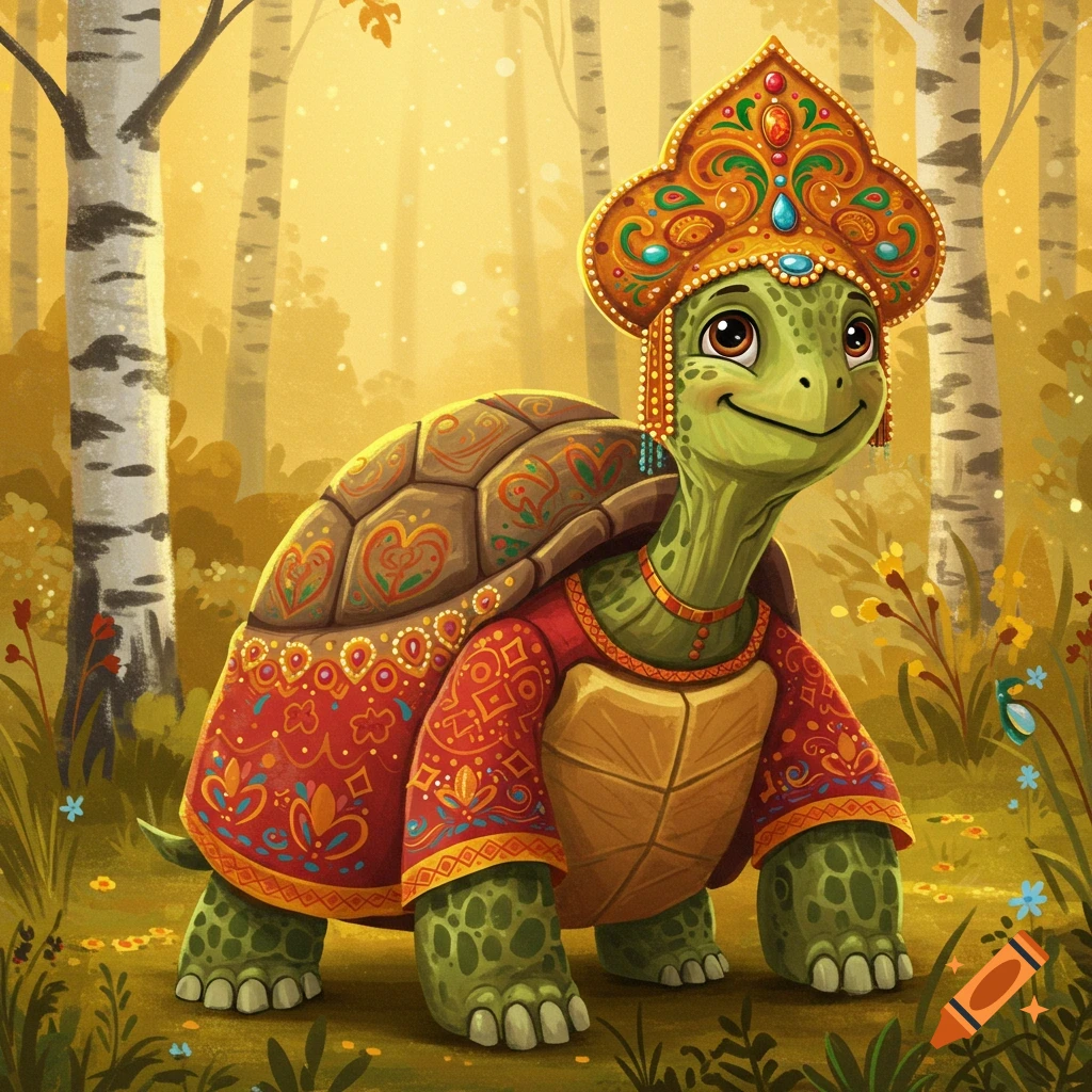 Cartoon turtle dressed as a Russian fairy tale character on Craiyon