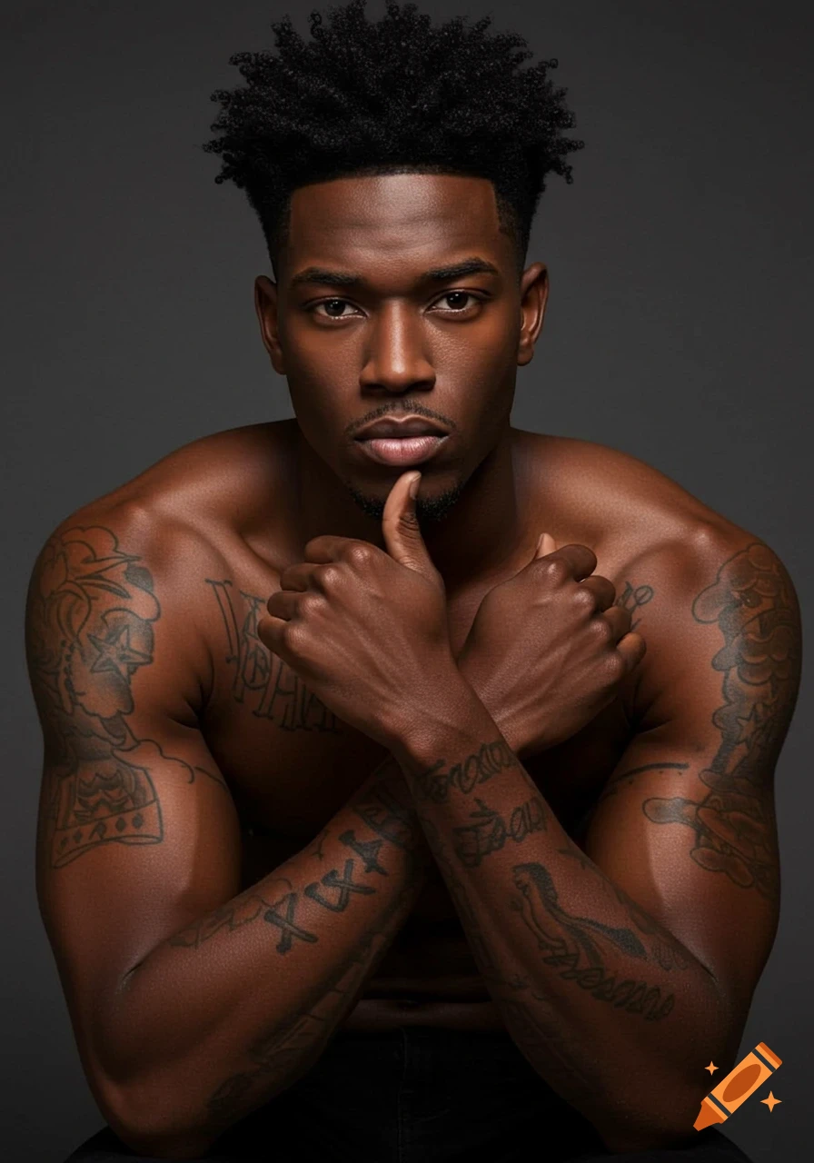 Studio portrait of a shirtless Black man with tattoos and crossed arms ...