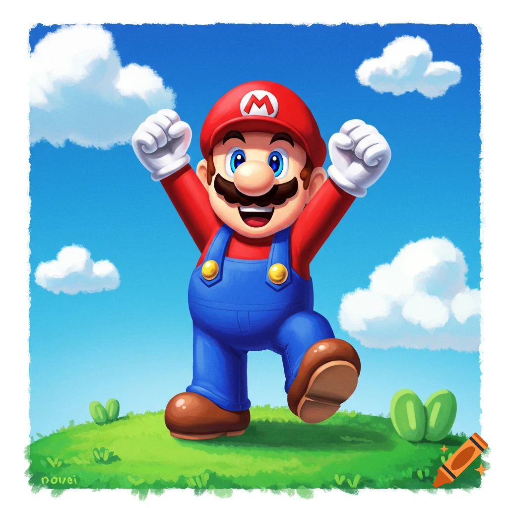 Mario holds a large red and white mushroom while flying in a blue sky ...