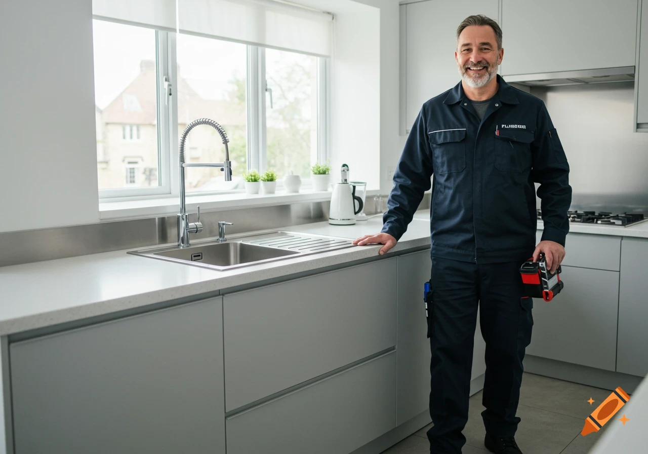 A smiling male plumber stands in a modern kitchen, holding a tool. on ...