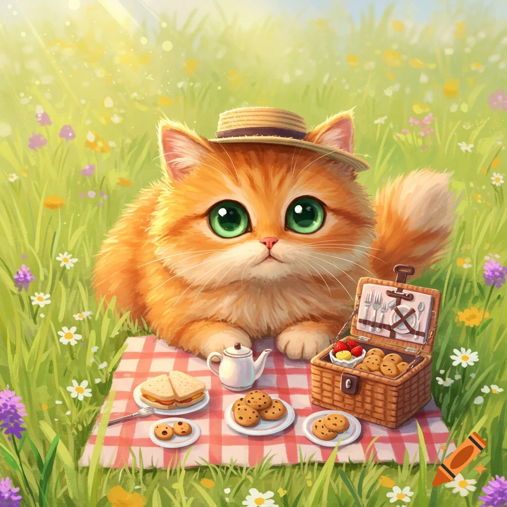 A plump rainbow-colored cat happily eats a cupcake while sitting on a ...