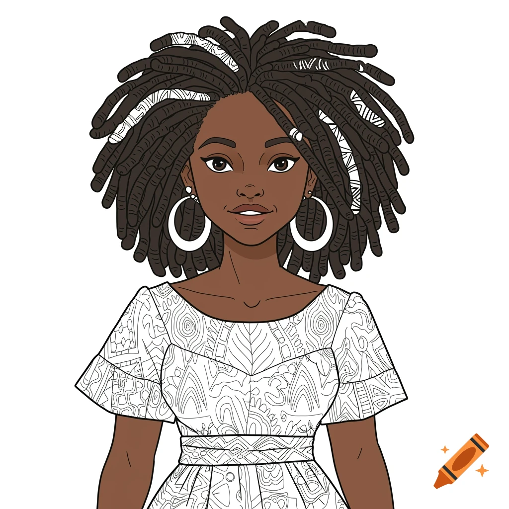 Coloring book illustration of a young Black girl with afro, dress ...