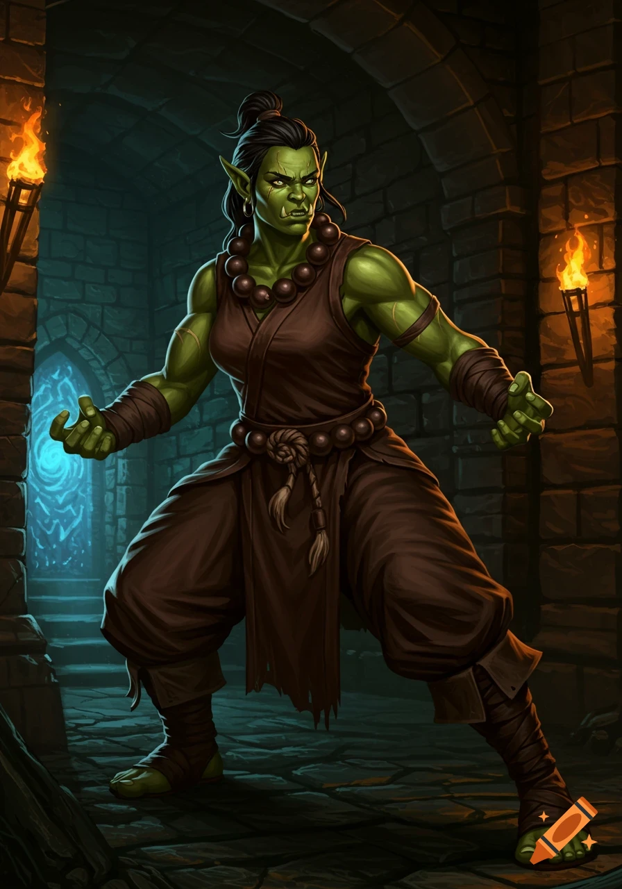 A Muscular Female Orc Monk Casting a Glowing Blue Spell in a Dungeon ...