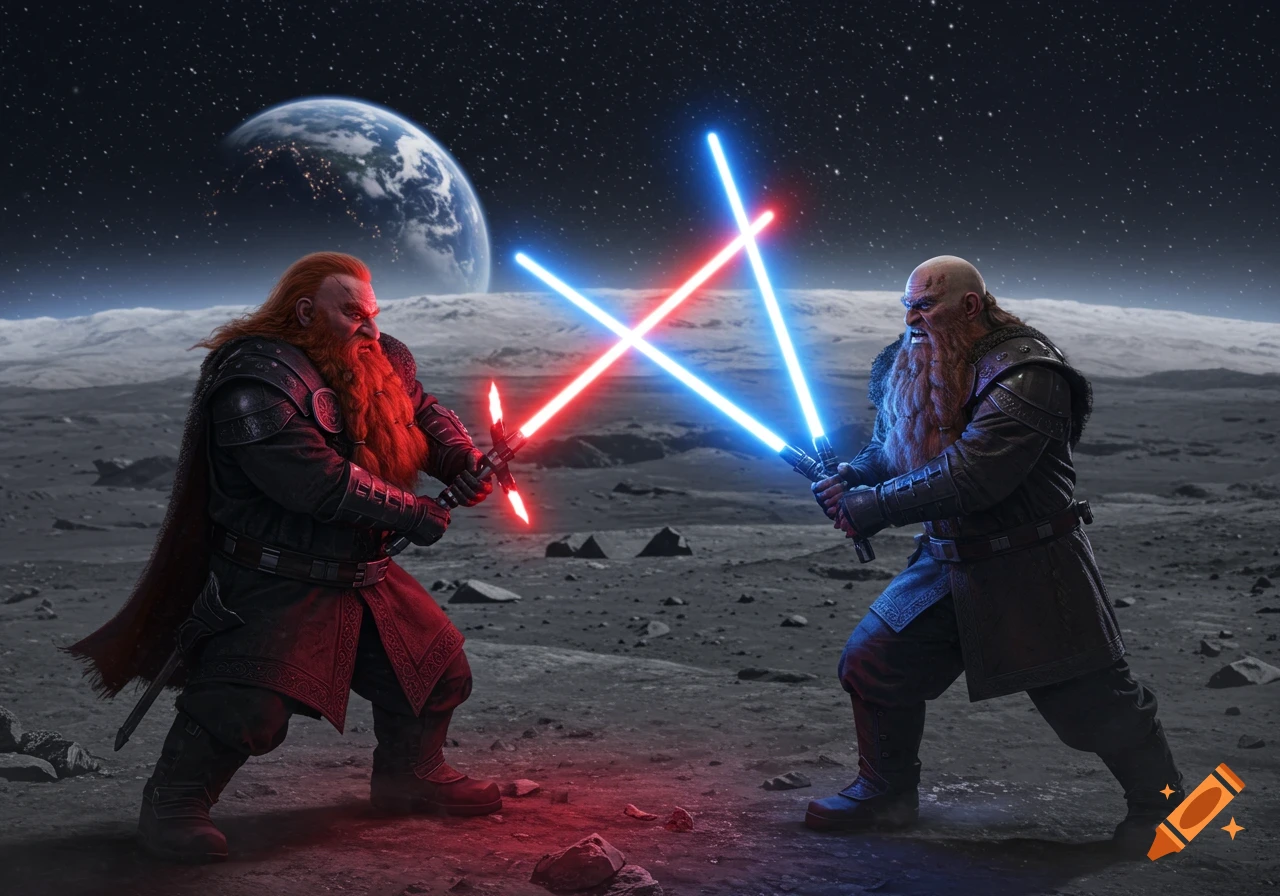 Two dwarfs fighting with lightsabers on the moon on Craiyon