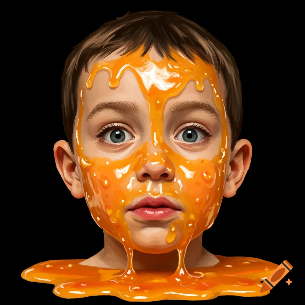Boy's face covered in orange sauce on Craiyon