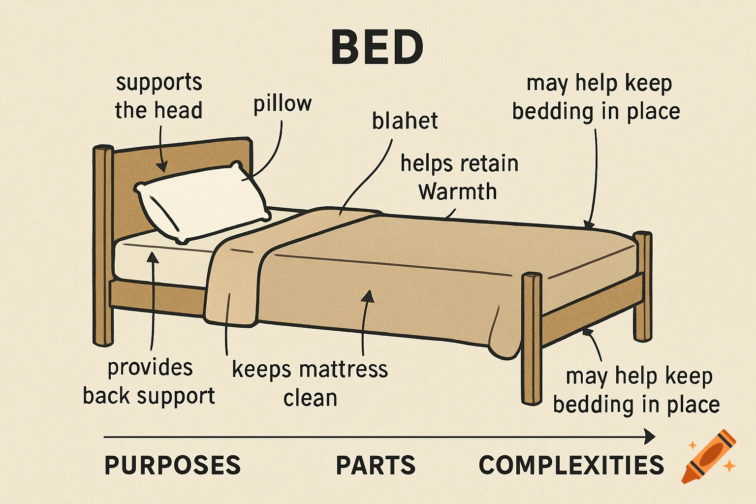 Annotated diagram of a bed with labeled parts and complexities on Craiyon