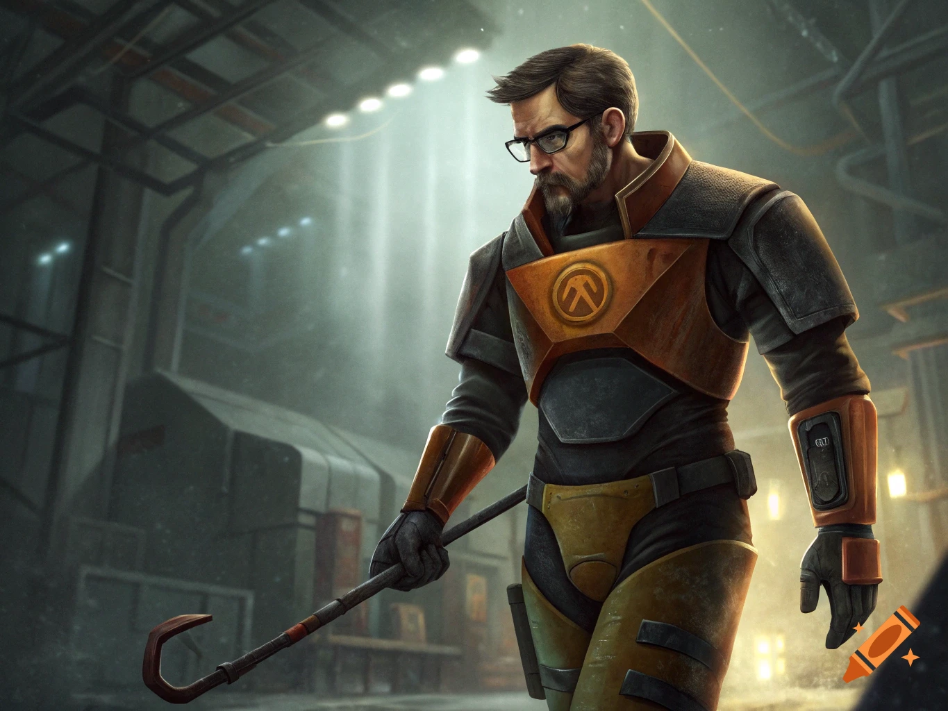Gordon Freeman in HEV suit holding a crowbar in an industrial setting ...