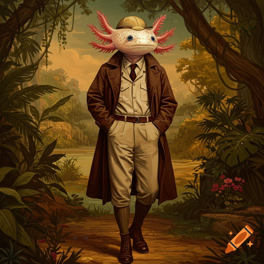 Axolotl-headed human in safari clothes on Craiyon