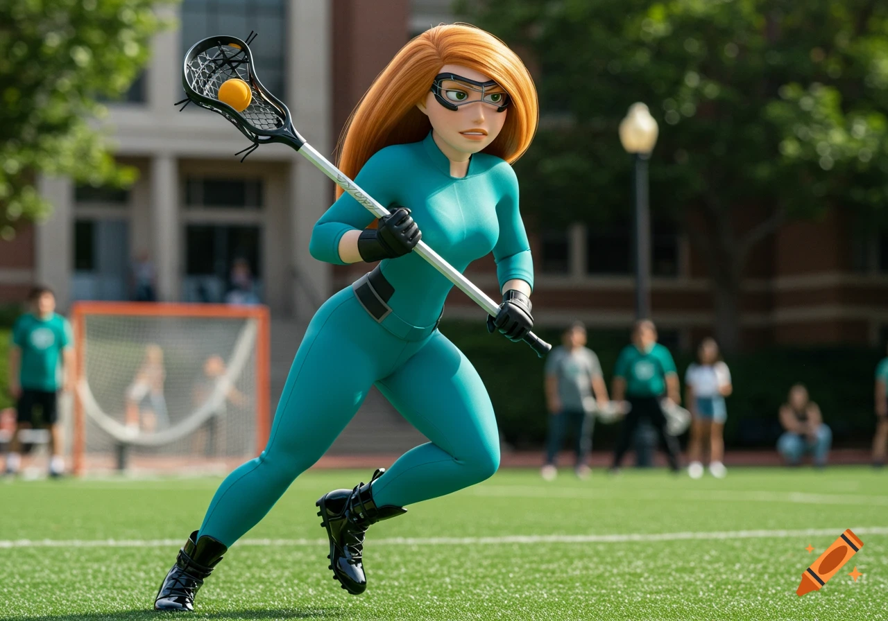 Kim Possible in cyan suit playing lacrosse on Craiyon