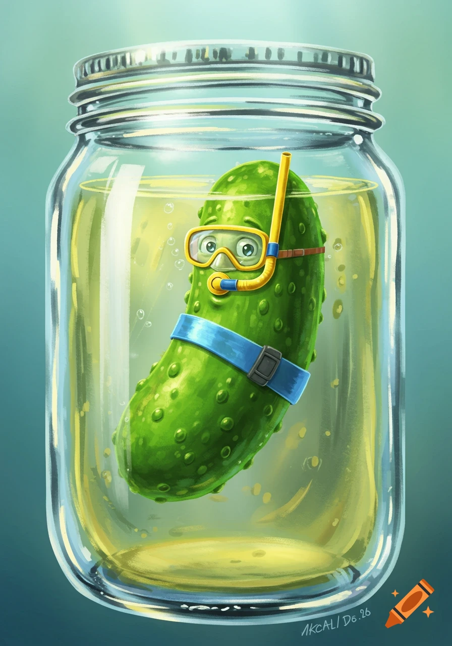 Pickle with snorkel and air tank swimming in a pickle jar on Craiyon