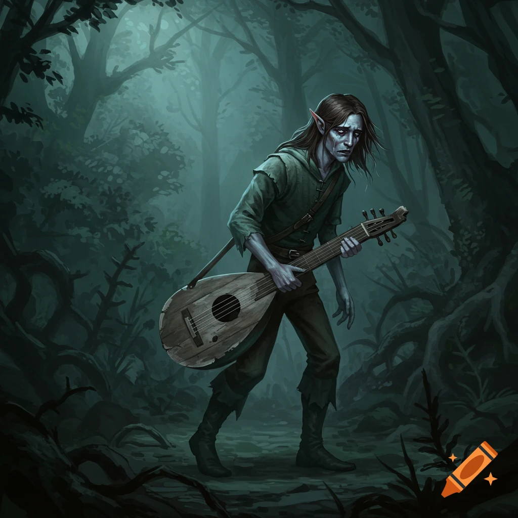 Depressed elf ghost dragging a lute in a dark forest on Craiyon