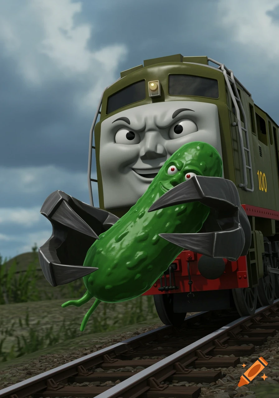 Sad Thomas the Tank Engine and other trains on a track under a dark ...