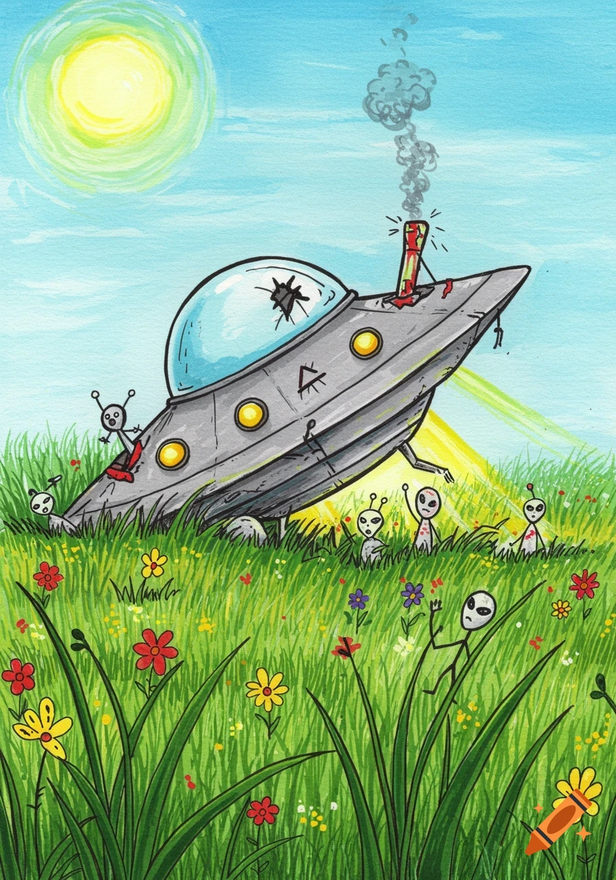 Cartoon illustration of a crashed UFO in a flowery field with small ...