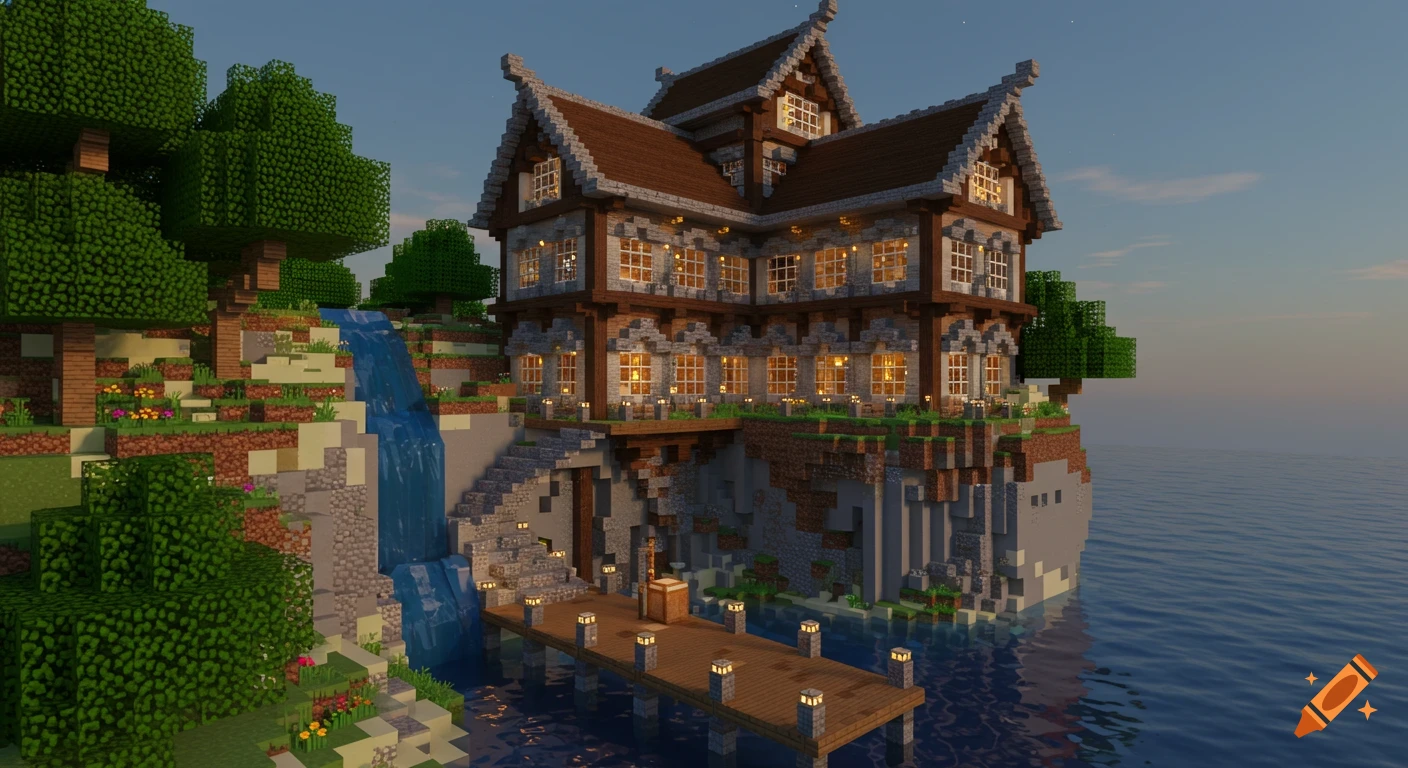 Minecraft mansion on a cliff overlooking water on Craiyon