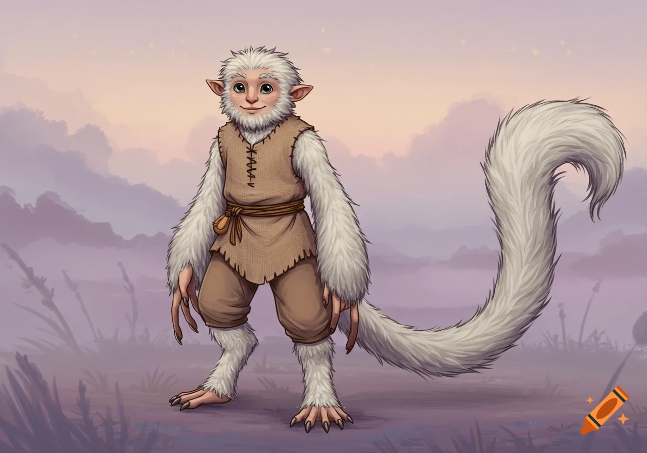 Humanoid figure with fur, prehensile feet, and a tail on Craiyon