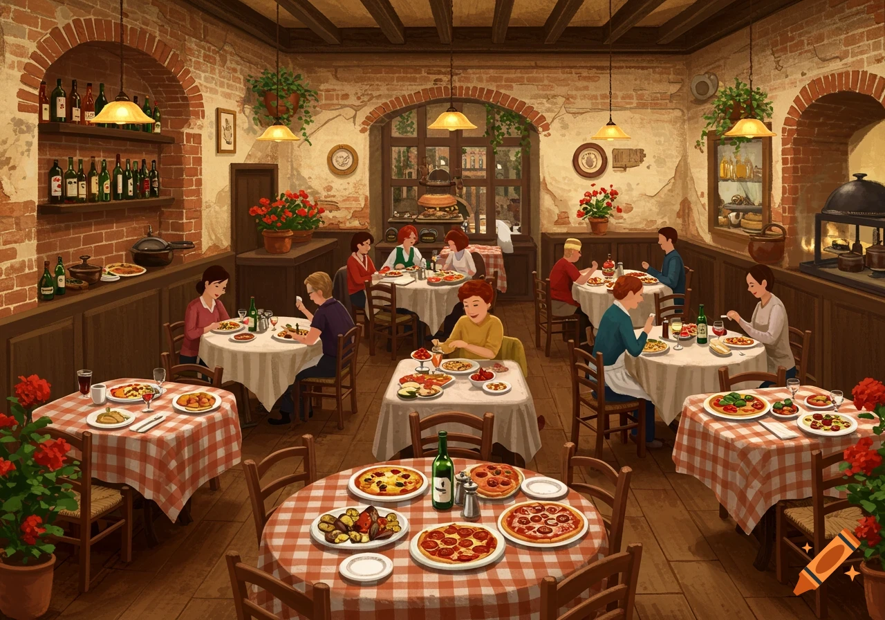 Interior of an Italian restaurant with people dining. on Craiyon